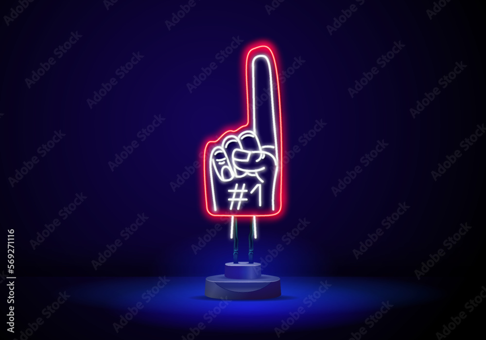 Hand of fan at sporting competition with number one. Neon icon. EPS10 ...