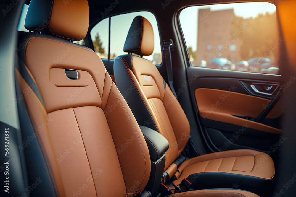 A new hatchback car's back seat is covered with leather. The steering ...
