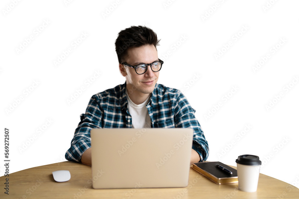 Young man glasses workplace programmer using laptop computer, isolated ...