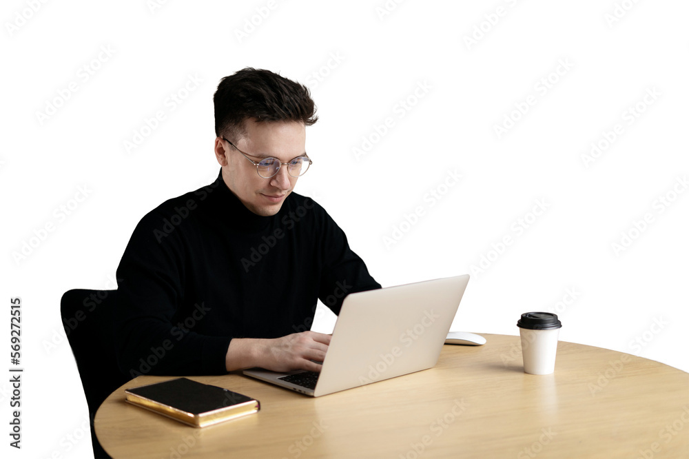 Guy glasses workplace programmer using laptop computer, isolated ...