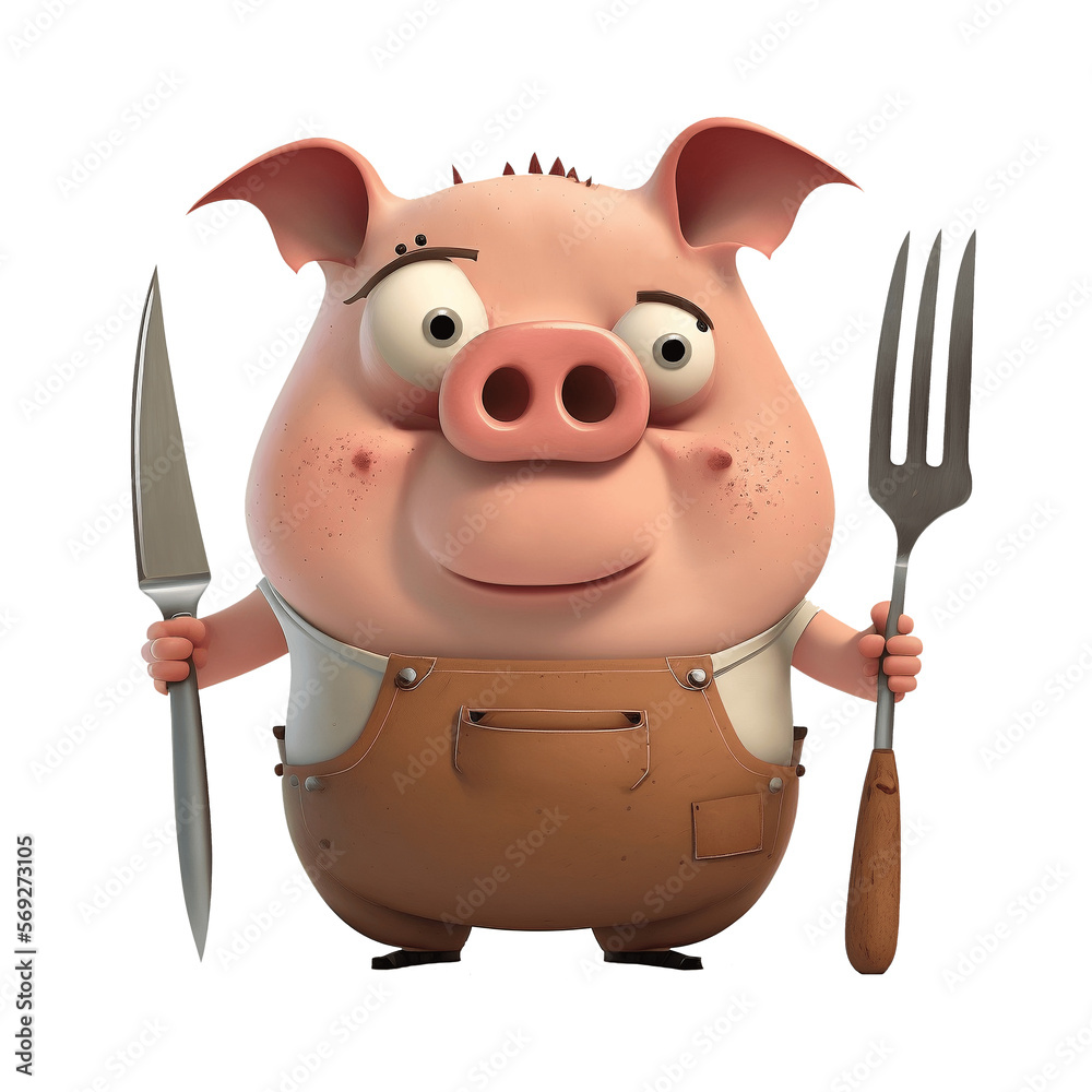 cochon cartoon qui tient un couteau et une fourchette sur fond ...