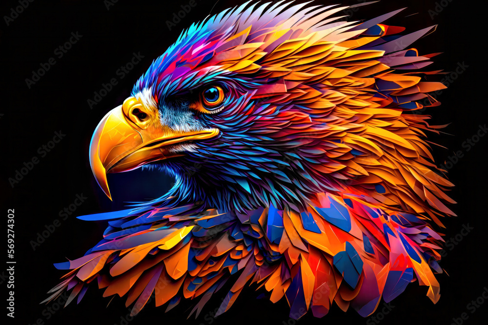 colorful eagle head on black background. 3d rendering. Computer digital ...