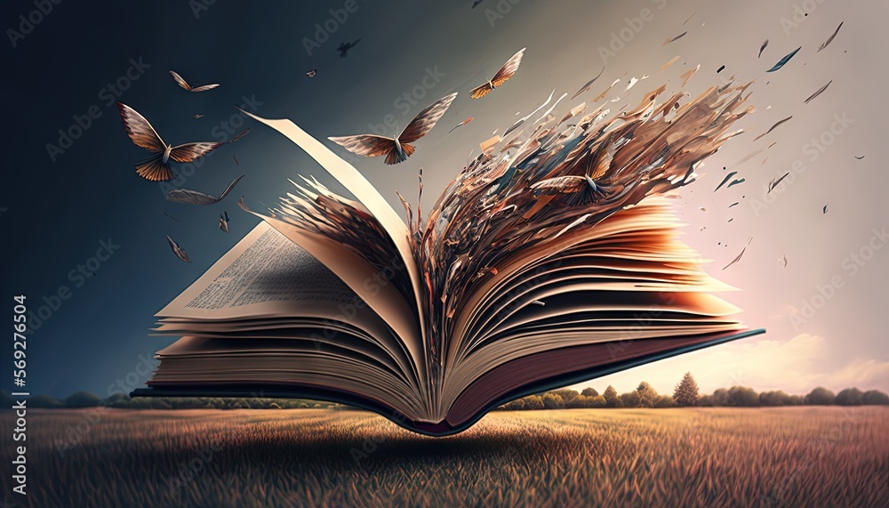 an open book with a bookmark flying out of it in a field of grass and ...