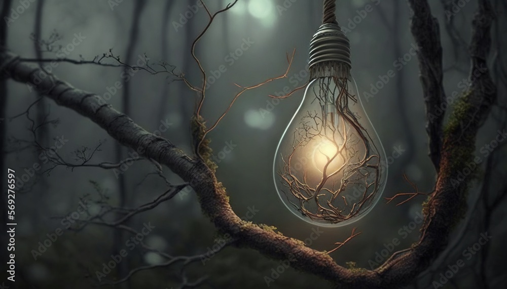 a light bulb hanging from a tree branch in a forest with a light bulb ...