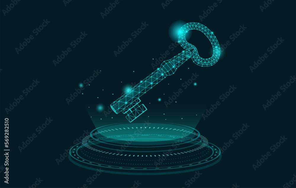 Holography Key float in the air. Low poly illustration. Concepts about ...
