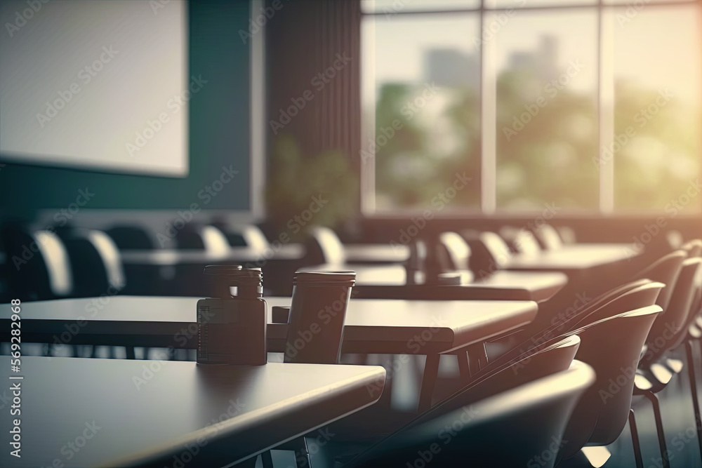 Empty defocused university classroom. generative ai. Business conference room. Blurred school ...