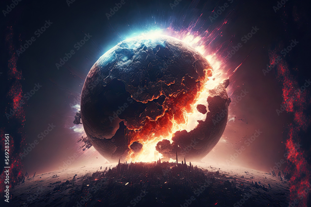 explosion of a planet in outer space from a collision with a meteorite ...
