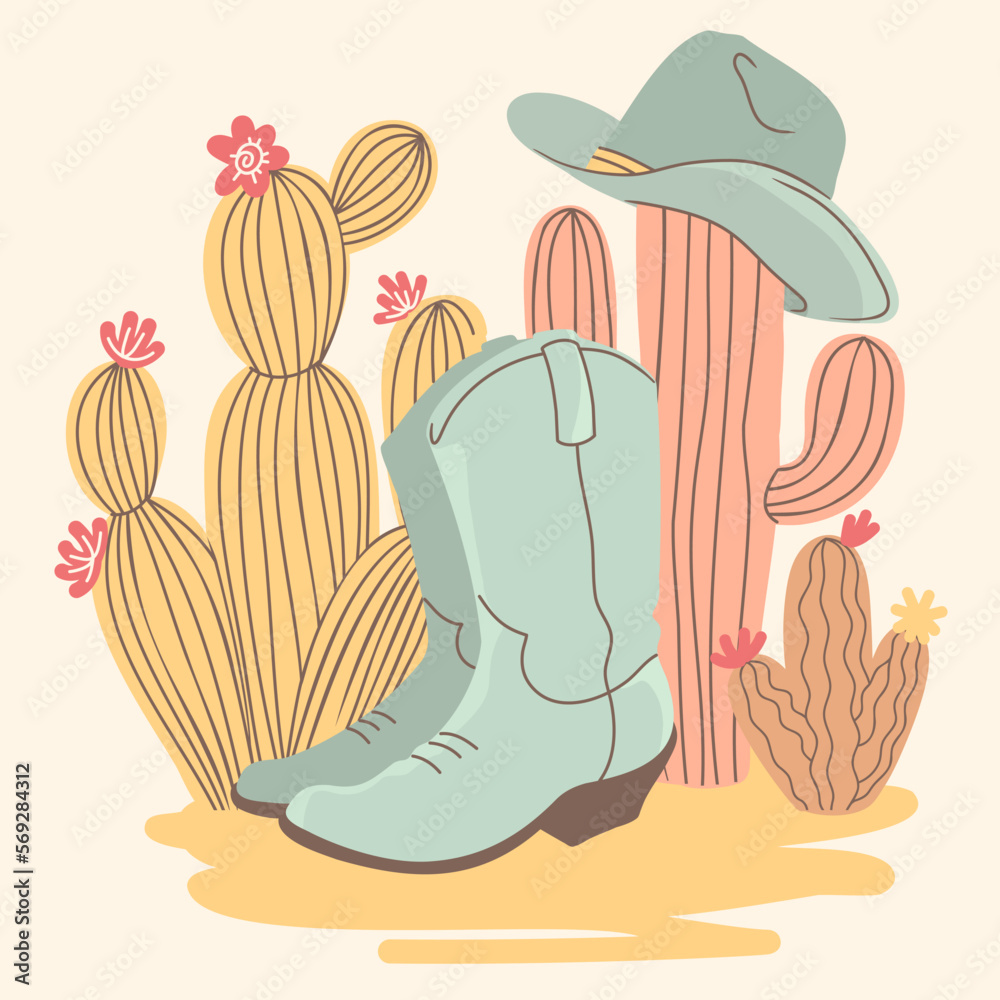 Cowboy boots and cactuses vector American Countryside illustration ...
