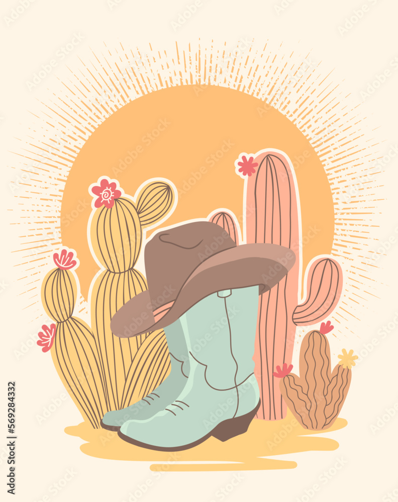 Cowboy boots and cactuses vector American Countryside illustration ...
