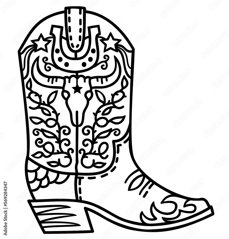 Cowboy boot with Wild West decoration vector illustration. Vector ...