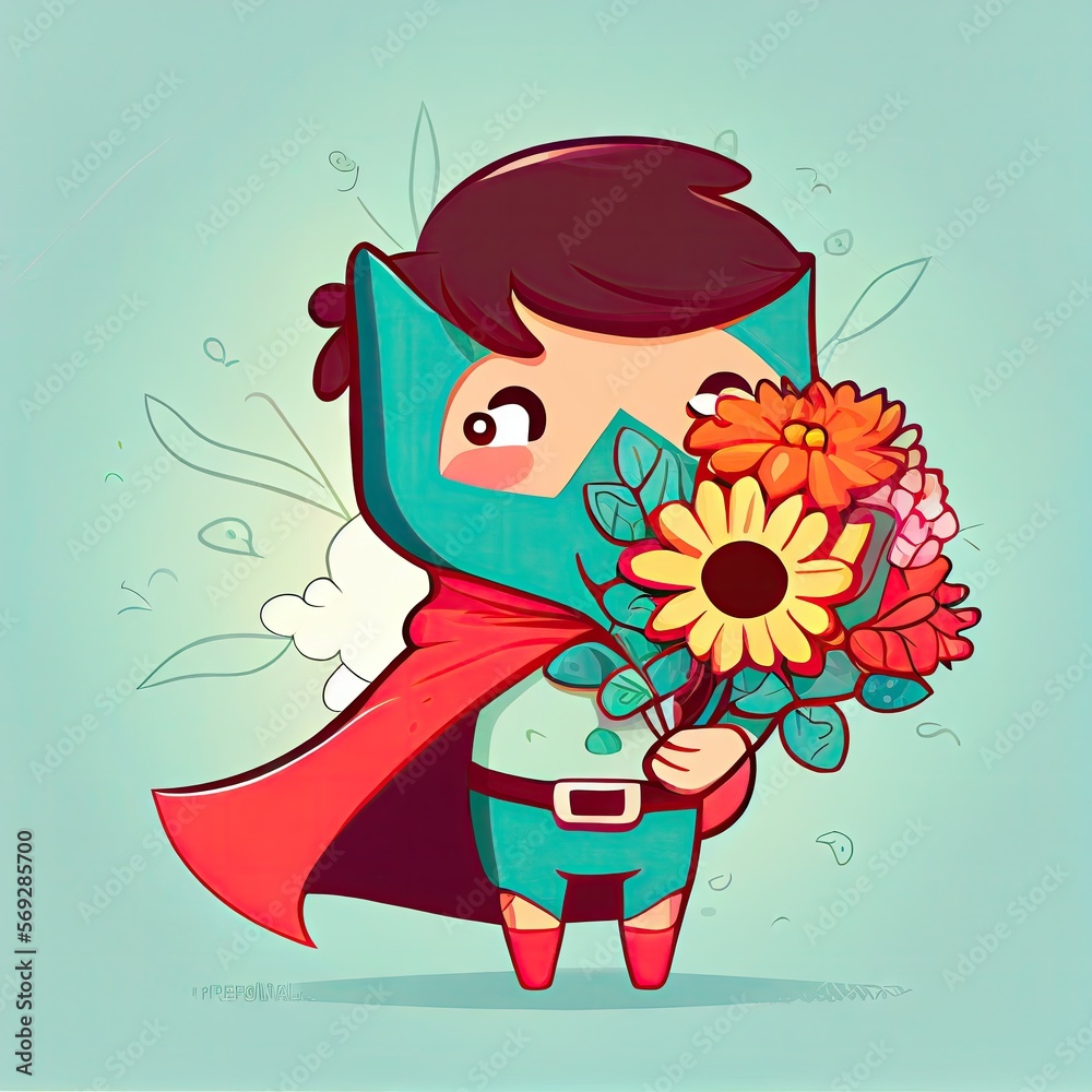 cute bouquet of flowers cartoon character in a superhero cape, cartoon ...