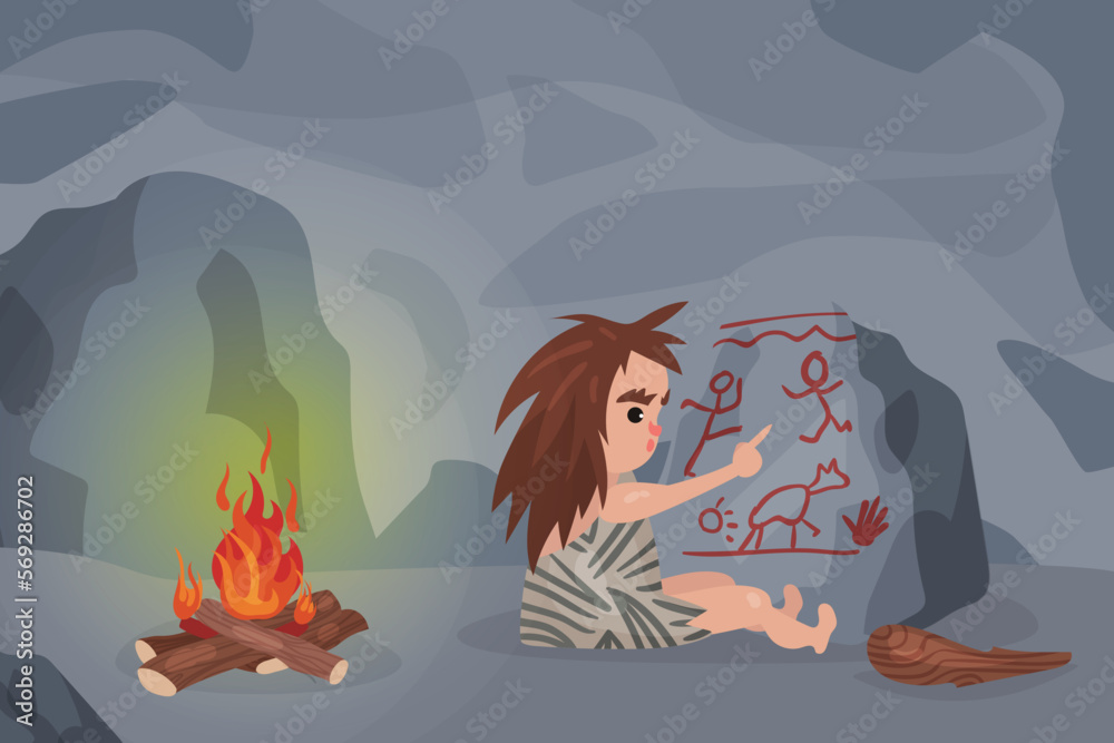 Prehistoric girl dressed in animal skin drawing on wall of cave ...