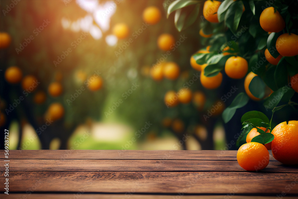 Wooden table and orange trees for product and merchandise display ...