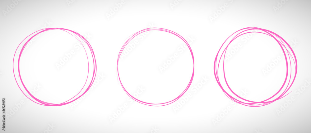 Pink circle line hand drawn set. Highlight hand drawing circle isolated ...