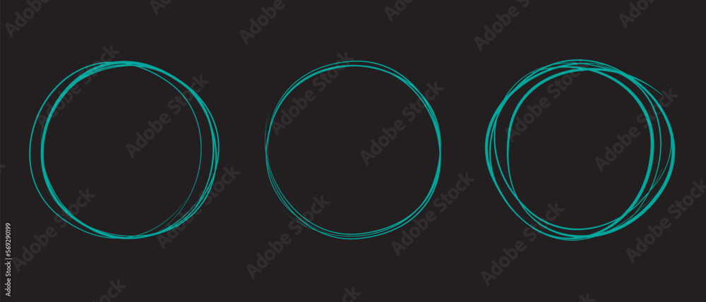 Teal circle line hand drawn set. Highlight hand drawing circle on black ...