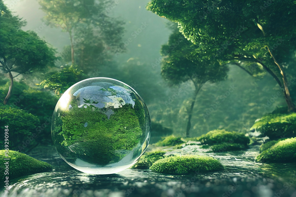 Environment conservation concept. Close up of glass globe in the forest ...