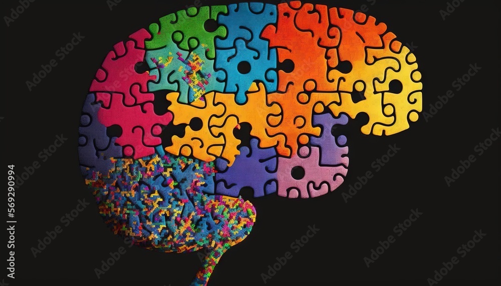 a colorful puzzle piece in the shape of a human brain on a black ...