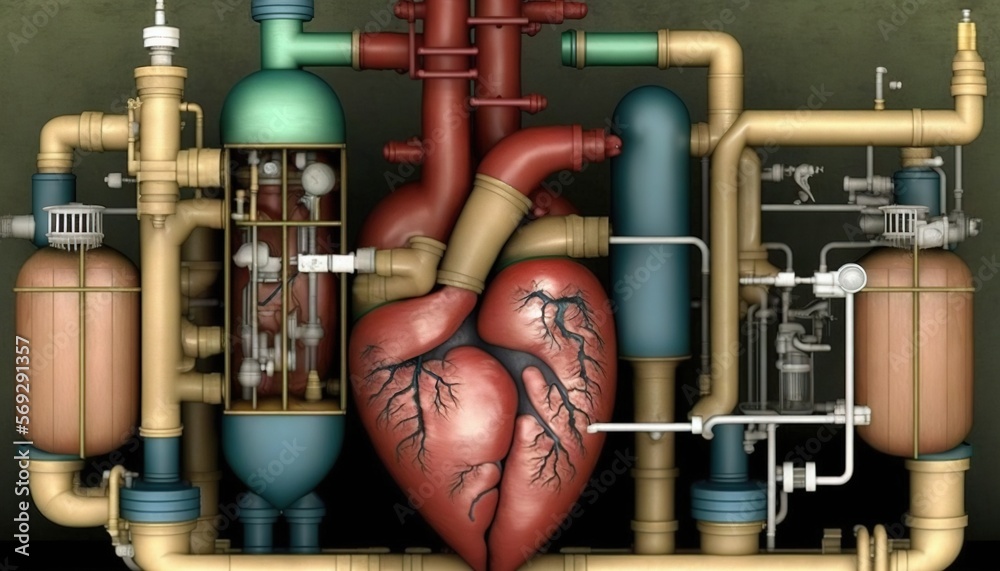 a computer generated image of a heart and pipes in a gas station, with ...