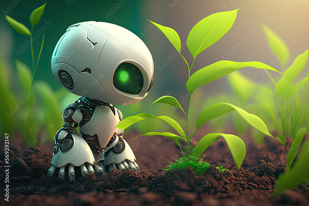 Cute little robot with plants. Agriculture concept. Smart farming ...