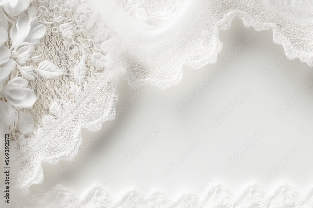 a white background with white flowers and a white lace border on the ...
