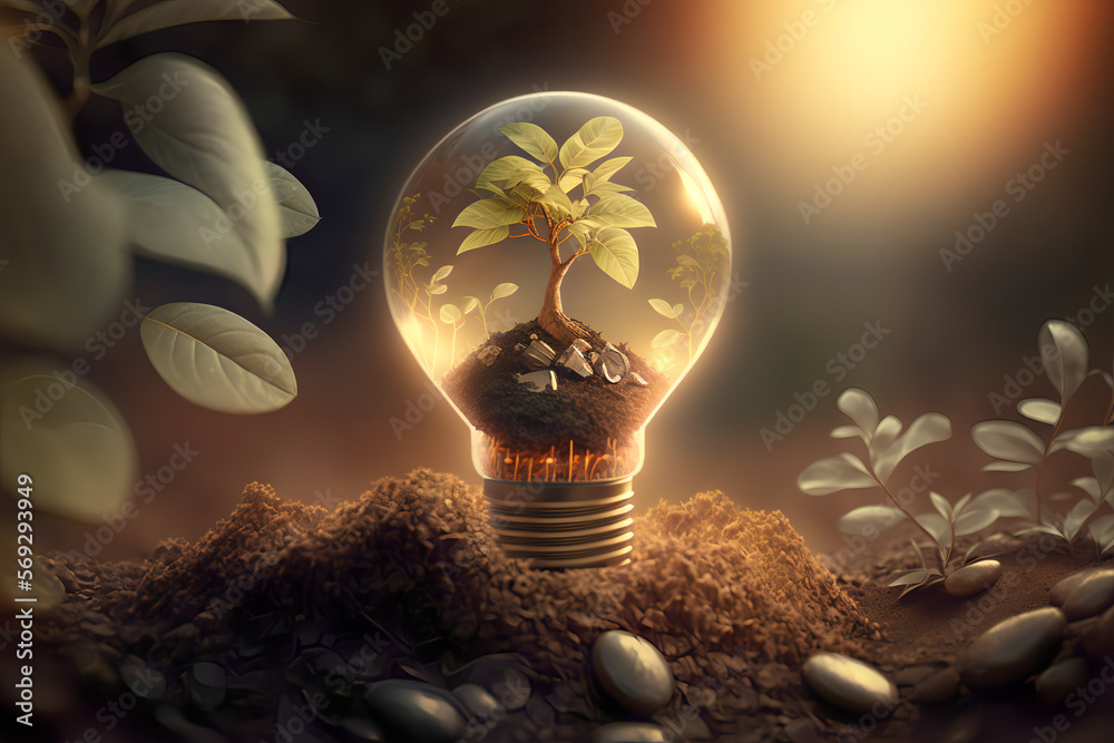 eco-friendly lightbulb made from tree branches and leaves with ...