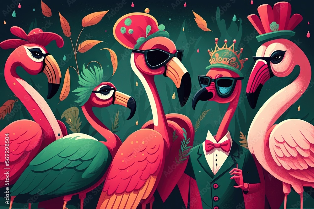 A Group Of Flamingos Wearing Sunglasses And A Tiara Standing Next To