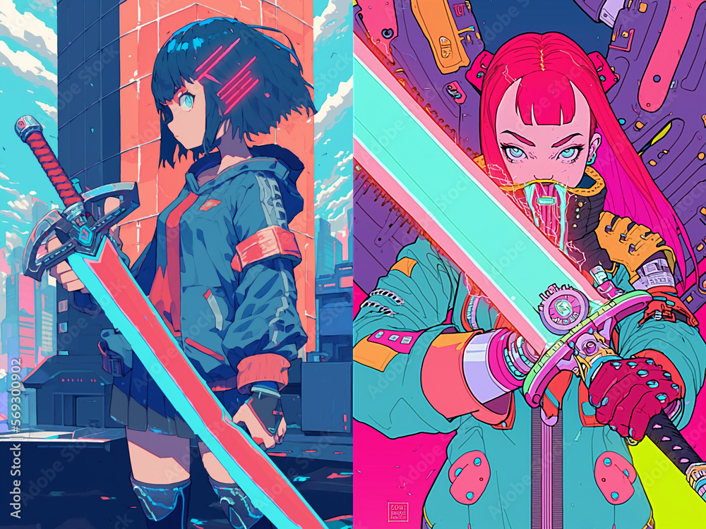 Portrait of anime cyber girls with huge light sword. Illustration in ...