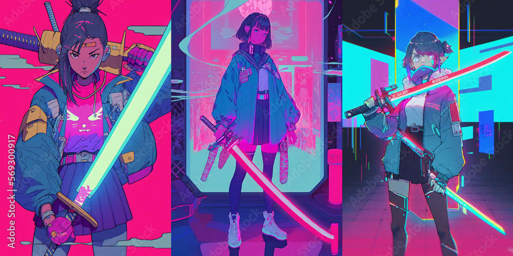 Portrait of anime cyber girls with huge light sword. Illustration in ...