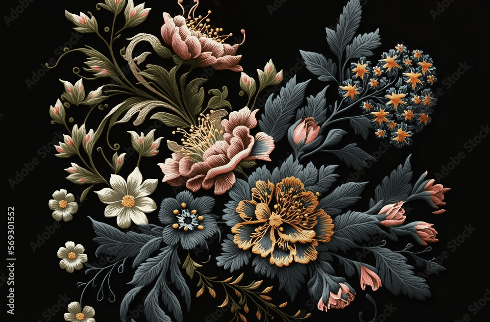 Beautiful floral design. Colorful embroidery on black background. AI ...