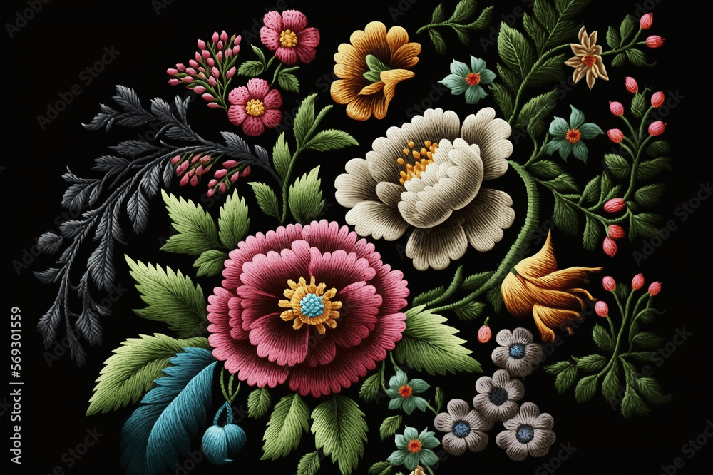 Beautiful floral design. Colorful embroidery on black background. AI ...