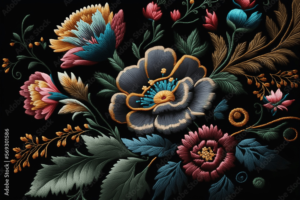 Beautiful floral design. Colorful embroidery on black background. AI ...