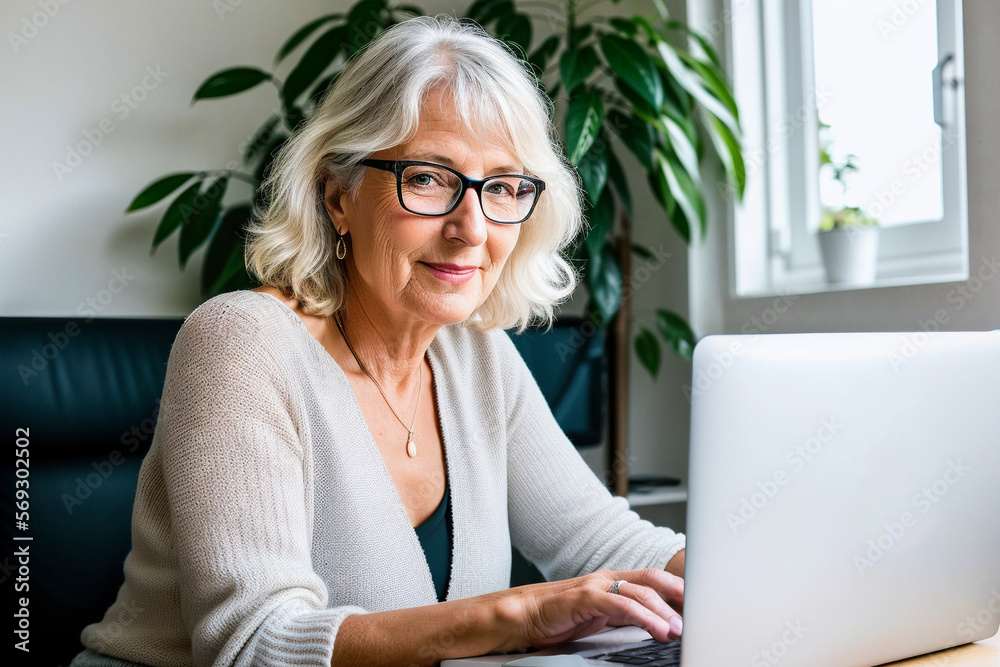 60 year old European woman, senior, working from home in front of a ...