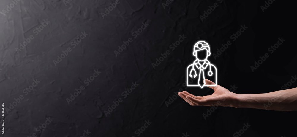 Medicine doctor icon in hand touching icon medical network connection ...