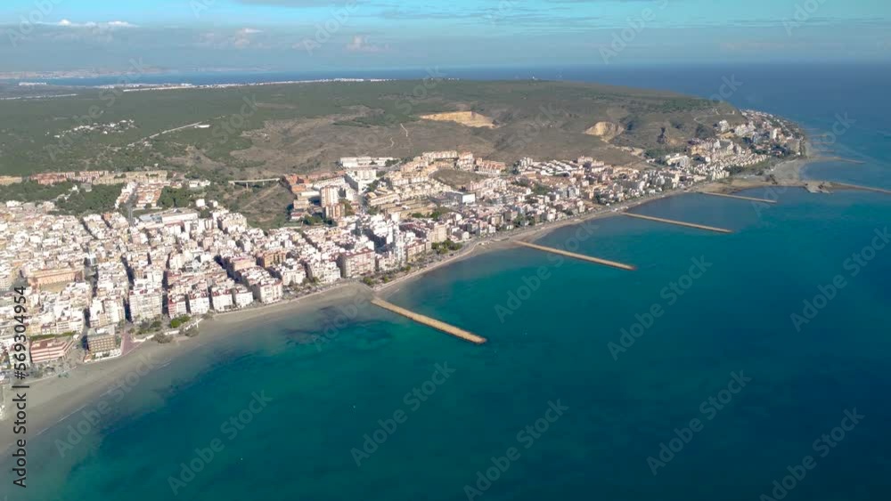 Vidéo Stock Cinematic aerial perspective of Santa Pola city. Travel ...