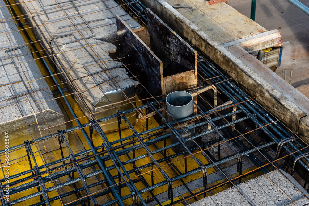 View of construction site with reinforced concrete slab. Concrete slab ...