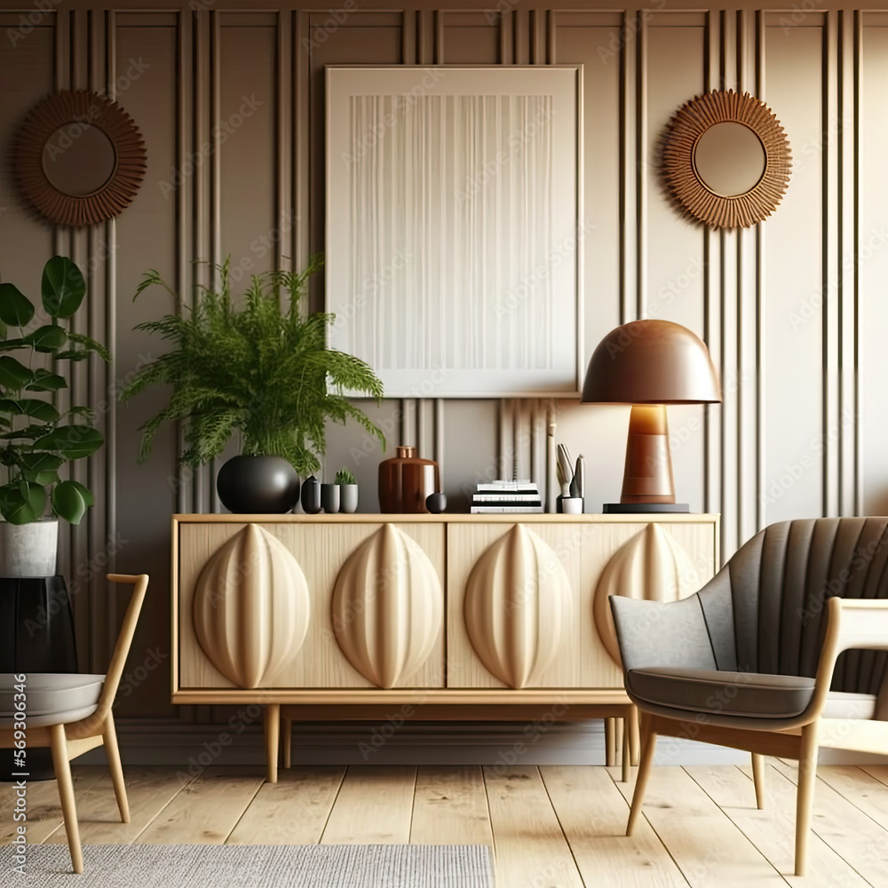 Interior of modern living room with beige sideboard over wooden ...