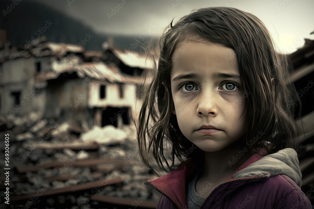 a sad girl standing in front of collapse buildings area, natural ...