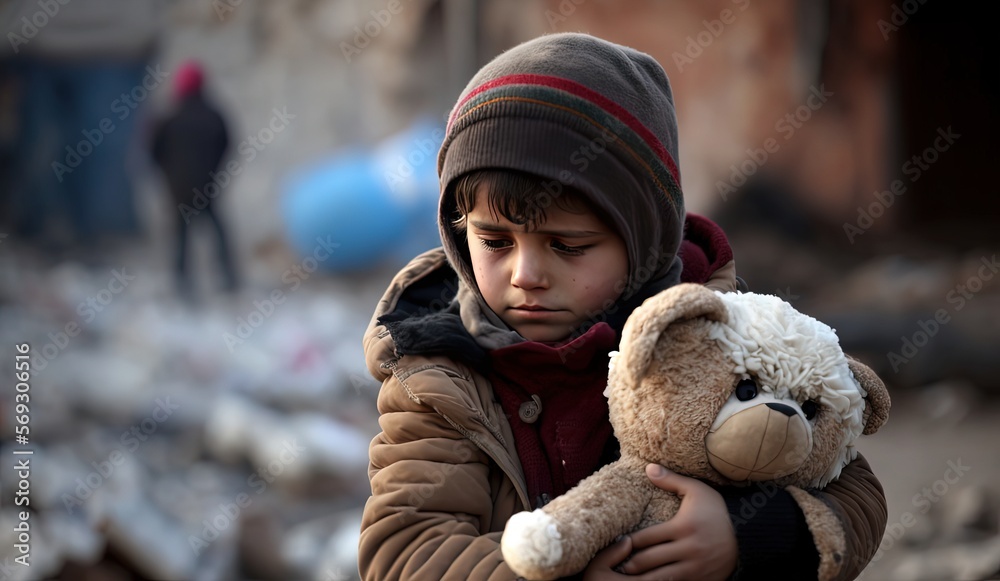 Ilustrace „a boy standing in front of collapse buildings area, natural ...