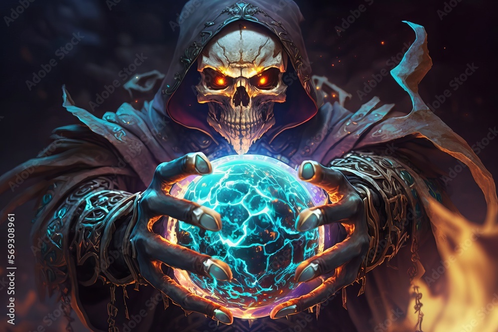 Evil skeleton forms a sphere of fire in his hands, his eyes glowing ...