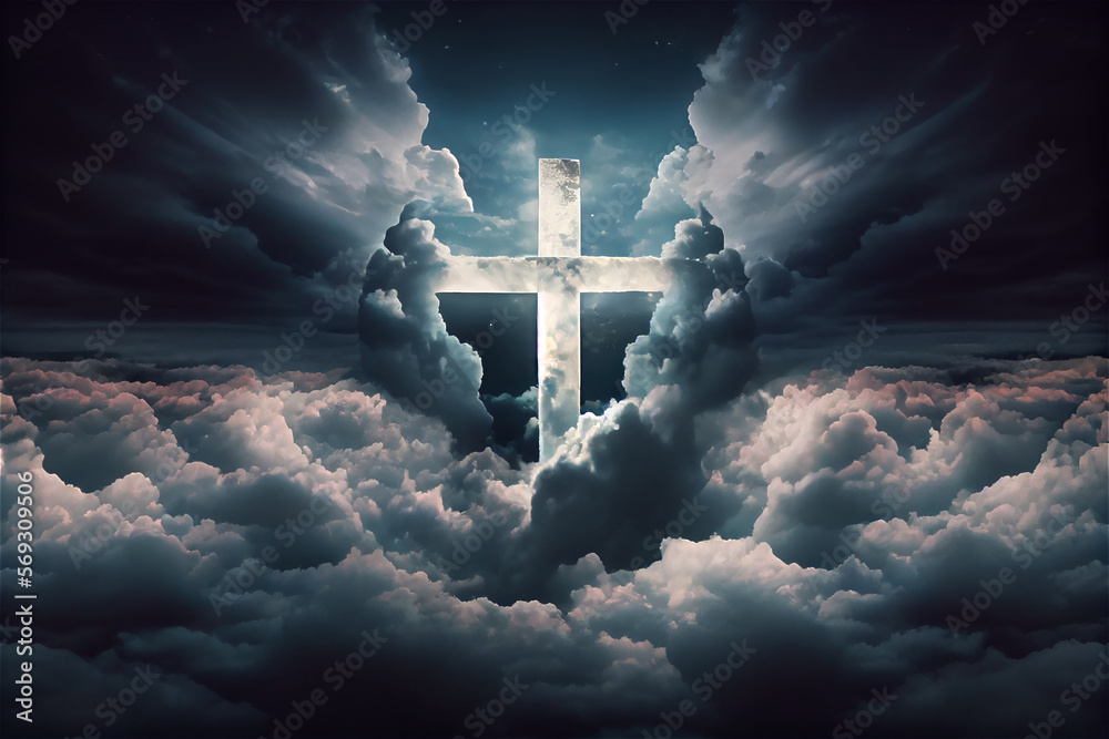 troubled sky with a luminous cross hanging between the clouds, generative AI Stock Illustration ...