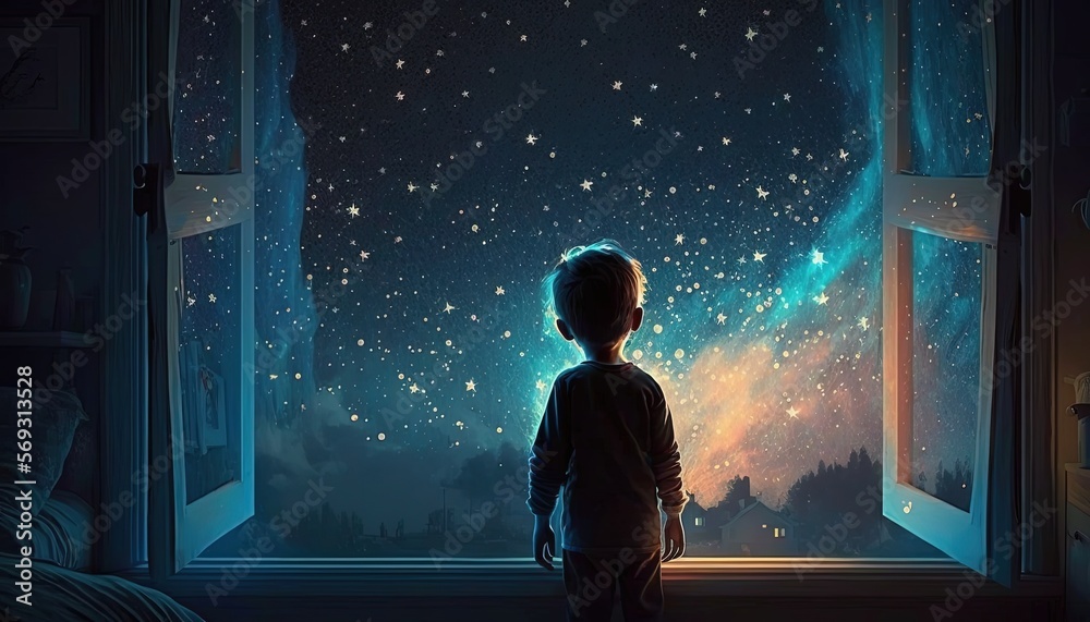 illustration of a boy looking at night starry sky with glitter glow ...