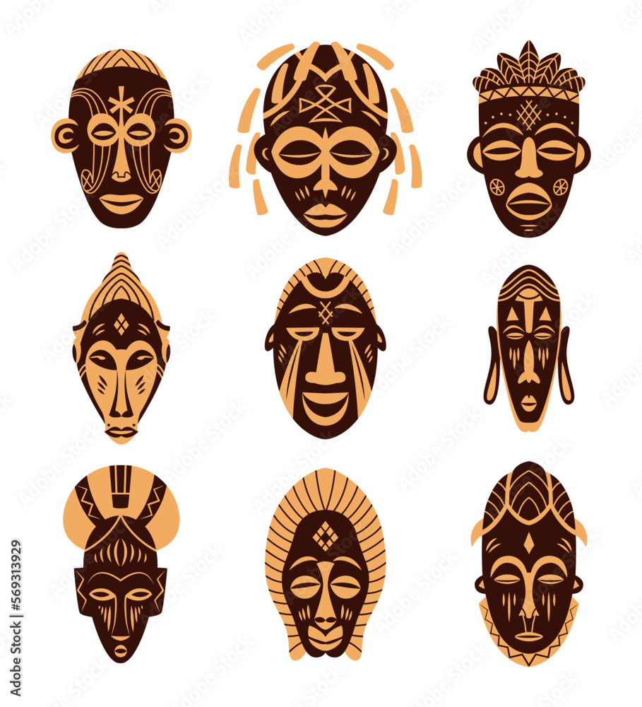 Set of African ethnic tribal ritual masks isolated on white background ...