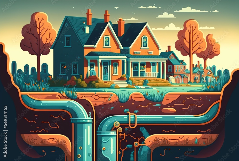 cartoon illustration, suburban house sewerage and plumbing, ai ...