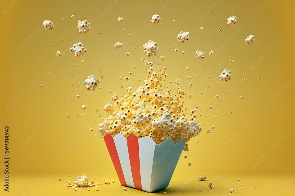 a popcorn bucket filled with popcorn flying into the air with a yellow ...
