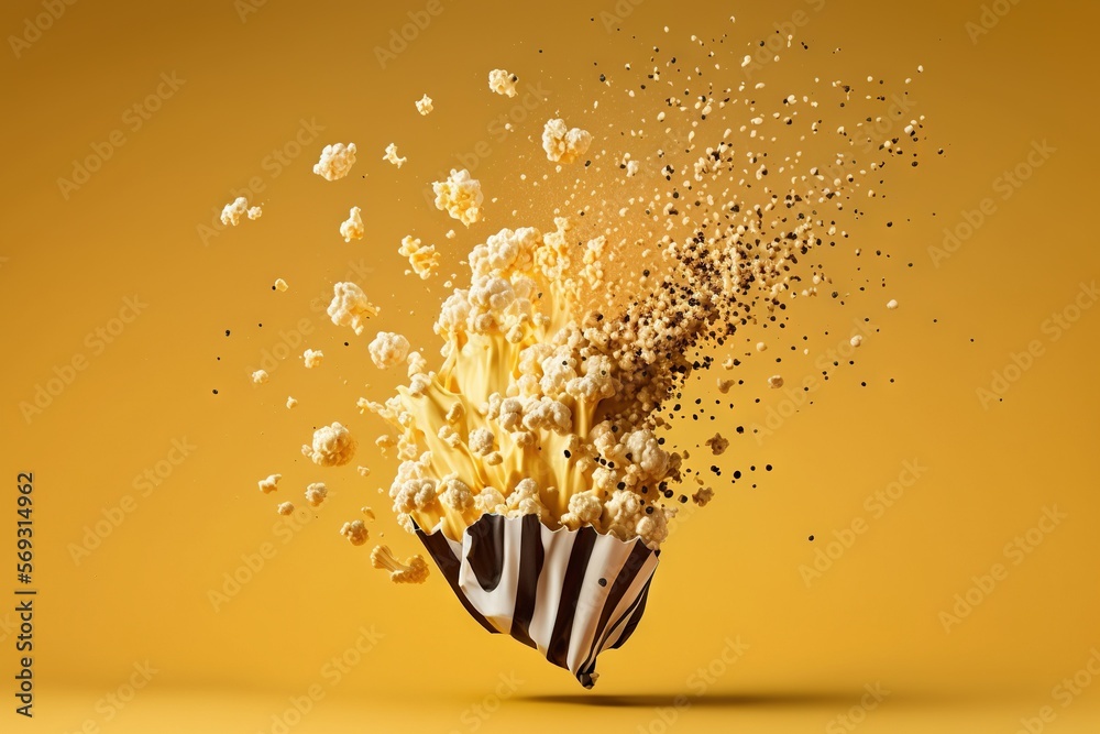 a popcorn bucket with a bunch of popcorn falling out of it on a yellow ...