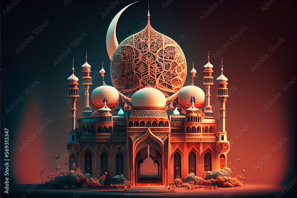 Magic architectural design illustration of a muslim mosque with domes ...