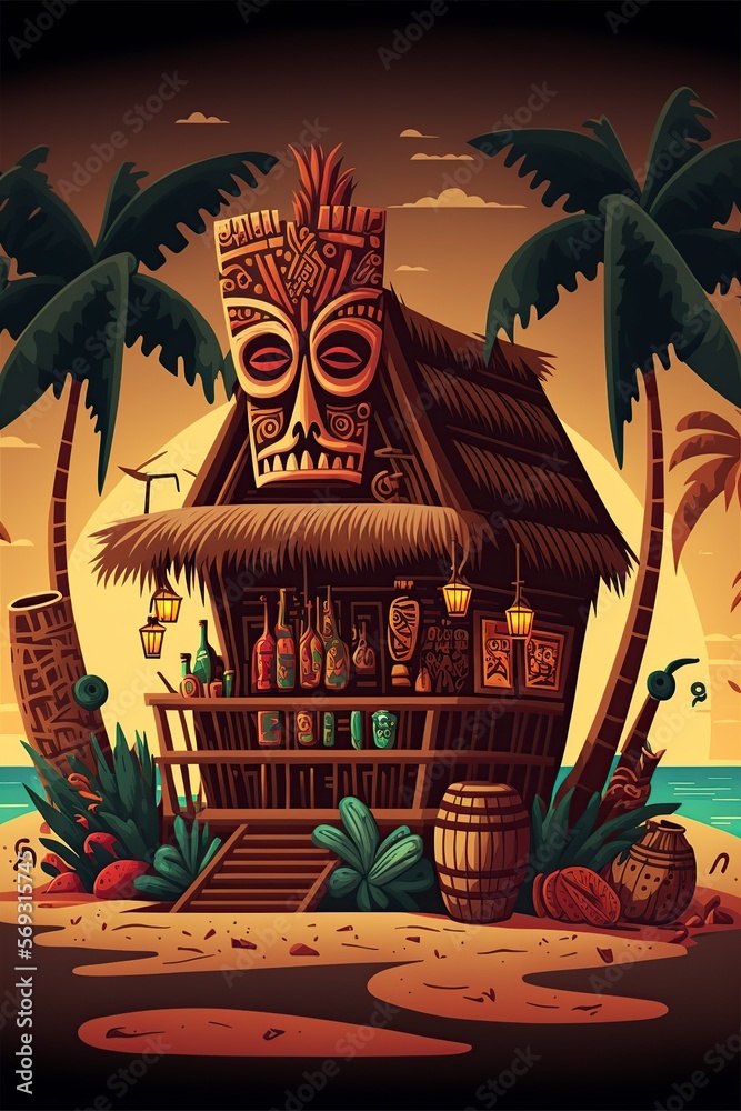 cartoon illustration, wooden tiki bar hut with tribal drinks and snacks ...