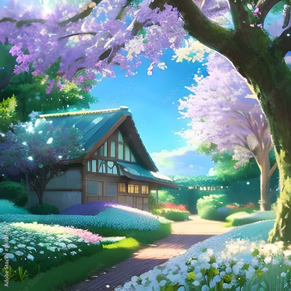 Magical garden with House and flowers that shine Anime Background blue ...