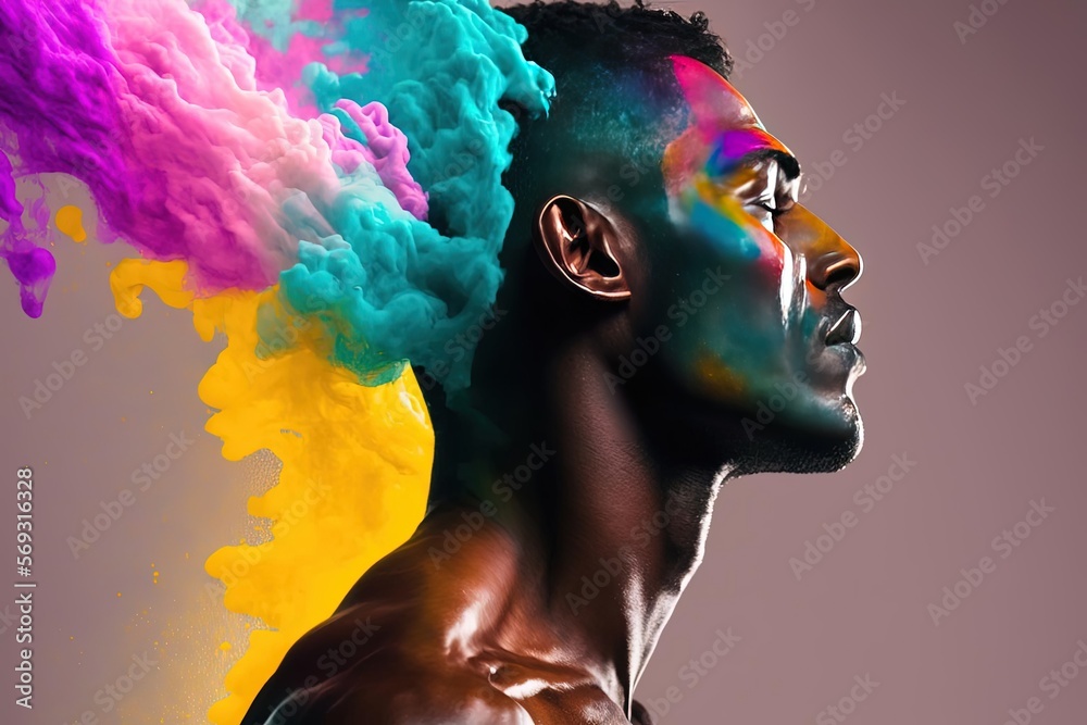 Retouched Side Centered Portrait of Man with Colorful Smoke Head - Dark ...