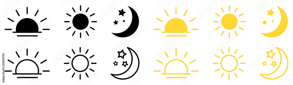 Set of time of the day icons. Sunset, sun, moon icons. Vector ...